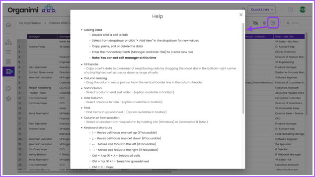 View your chart in spreadsheet view. – Organimi Help Center