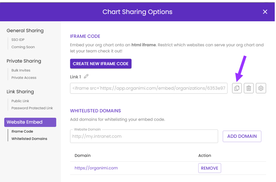 Customize iFrame link share settings. – Organimi Help Center