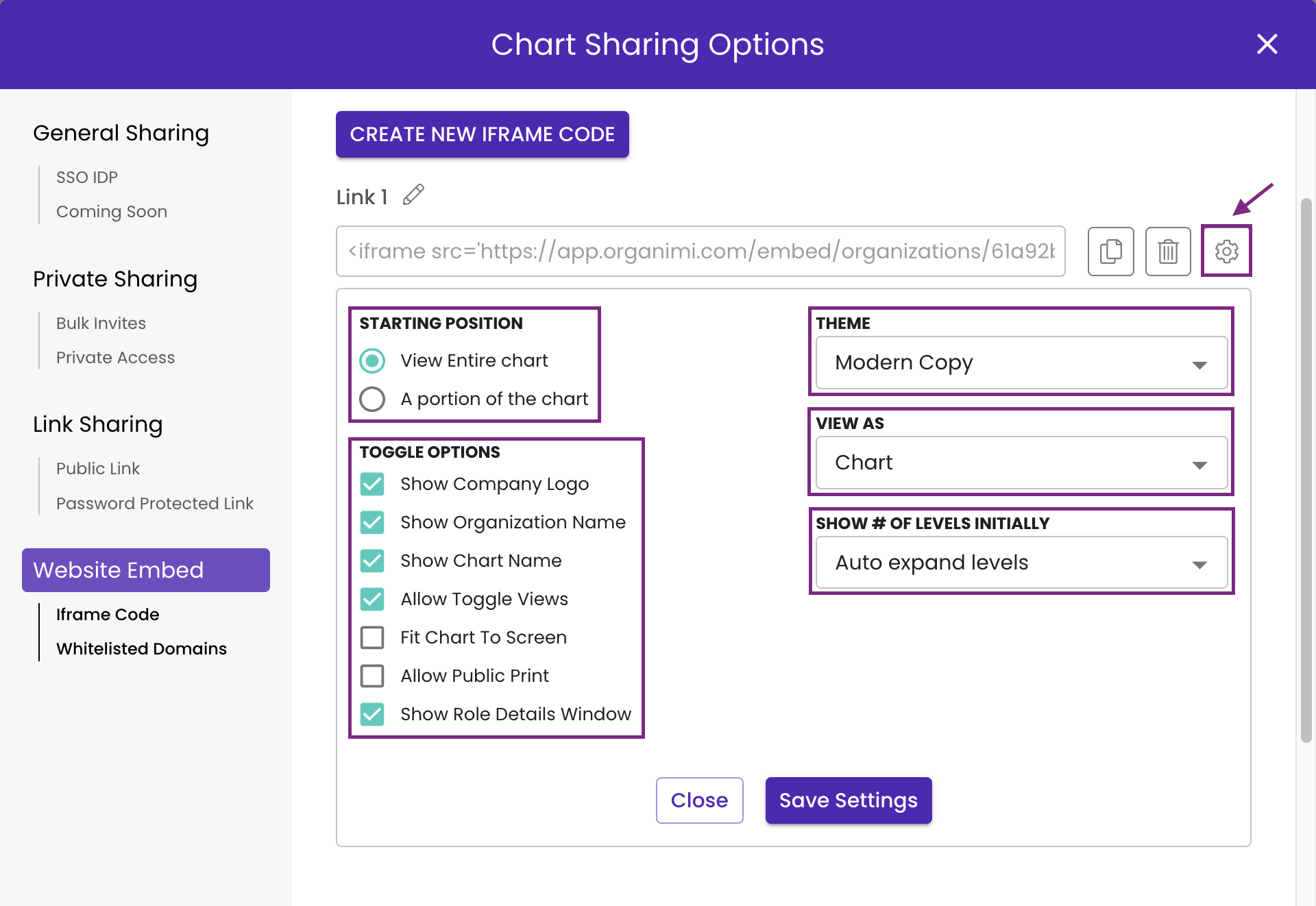 Customize iFrame link share settings. – Organimi Help Center